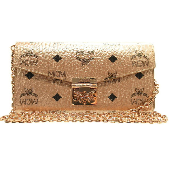 MCM | Bags | Mcm 8apa1 Leather Champagne Gold Chain Shoulder Bag Long ...